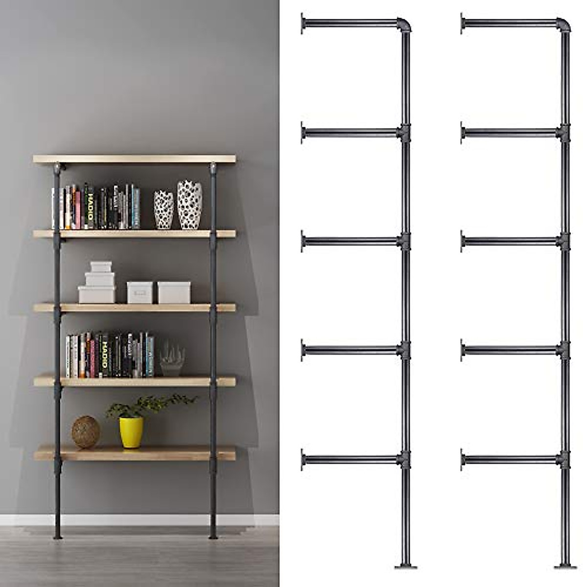 Niubid 3/4 Inches Malleable Cast Iron Pipe 2 PCS 5 Tier with Support. Vintage Industrial Wall Mount Bookshelf Shelving Unit, DIY Open Bookshelf, Shelf Shelves, Home Improvement Kitchen Shelves.