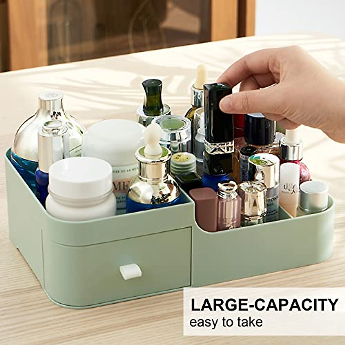 Abiudeng Makeup Desk Organizer with Drawers,Small Bathroom Organizer Countertop for Cosmetics,Skincare,Vanity Holder for Lipstick, Brushes, Lotions, Eyeshadow, Nail Polish and Jewelry(green)
