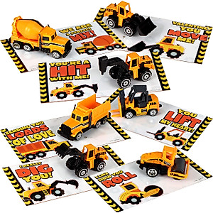 JOYIN 28 Pack Valentines Party Gift Cards with Mini Construction Vehicle Toy Set for Kids Valentine's Classroom Exchange Prizes Valentine Party Favor Toys Including Dump Truck, Excavator and More