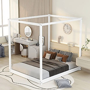 Bellemave 4-Poster Canopy Floor Bed Frame Queem Size Wood Low Profile Platform Beds with Wooden Slats Support, No Box Spring Needed, White, Queen