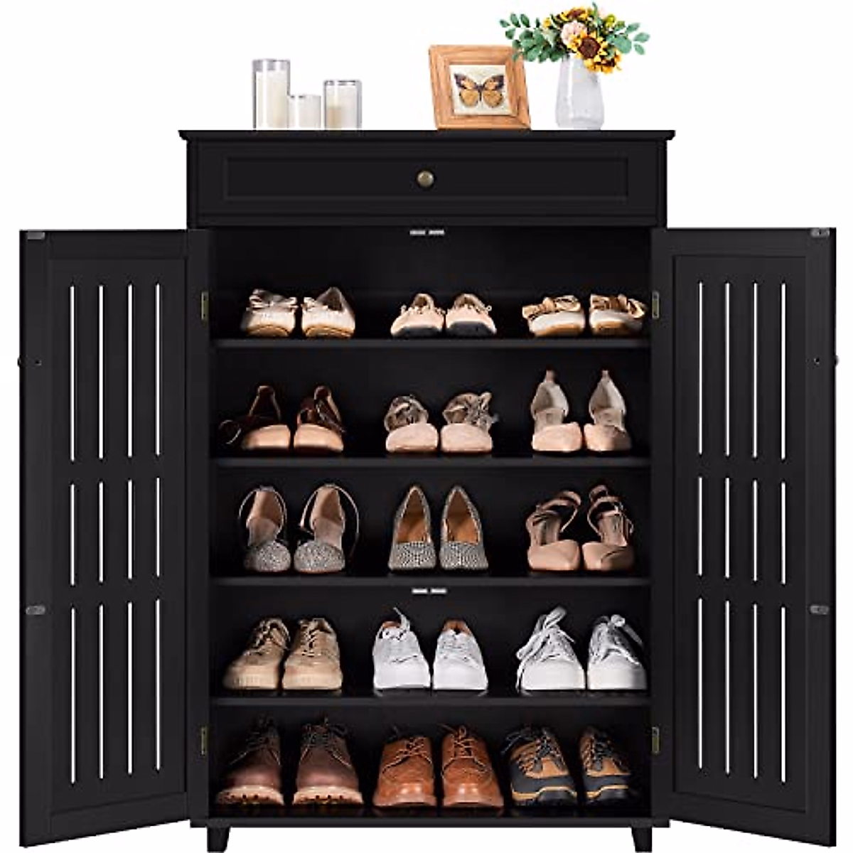 Topeakmart Shoe Rack Storage Cabinet Shelf 5 Tier Adjustable Shoes Organizer with Drawer Louvered Door for Entryway Hallway Furniture Living Room Black