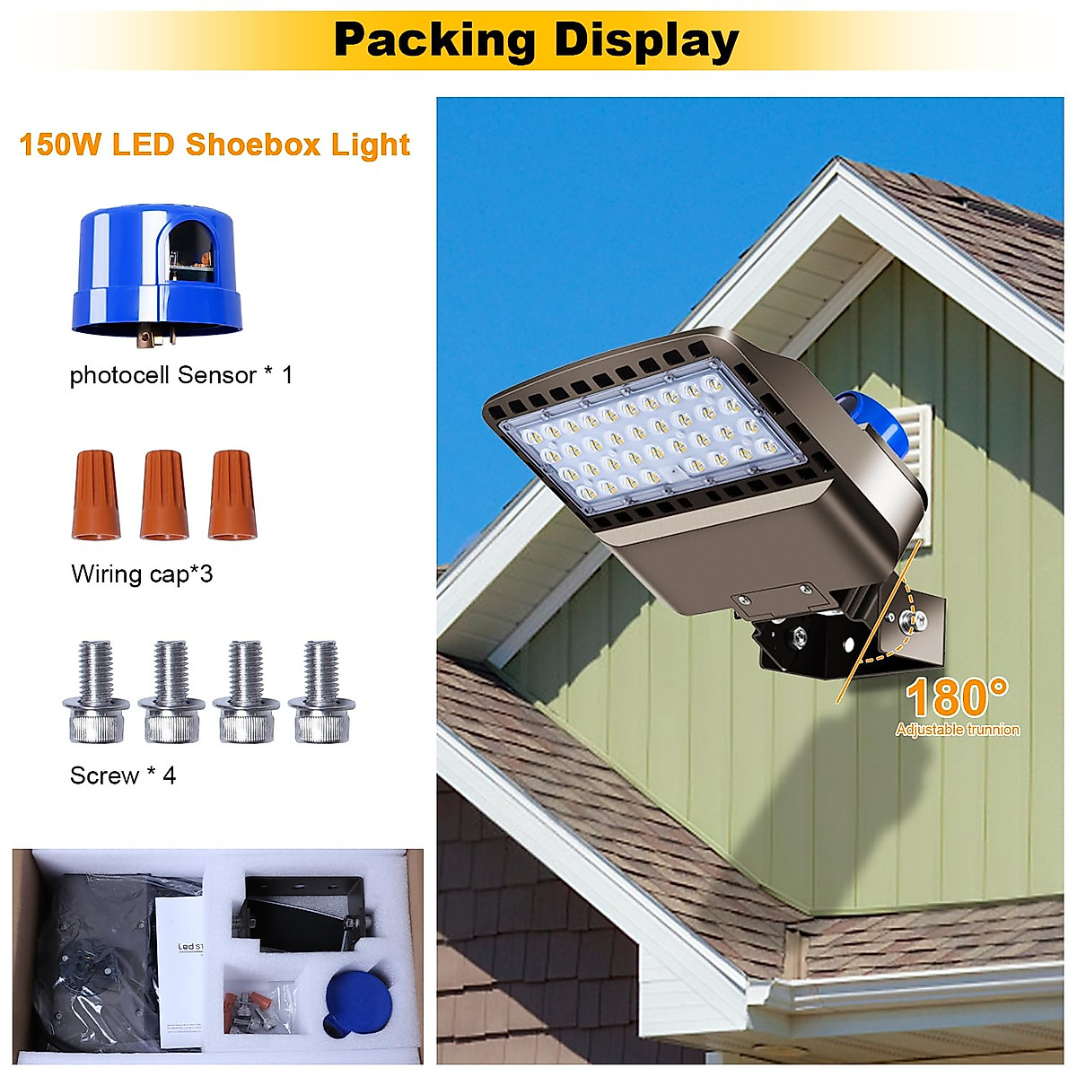 BIRITALO 22500LM LED Parking lot Lights Commercial with Trunnion Eqv 600W Bright Wall Mount Dusk to Dawn 150W LED Flood Light Outdoor 85-277V IP65 Waterproof 5500K Shoebox Barn Light for Yard