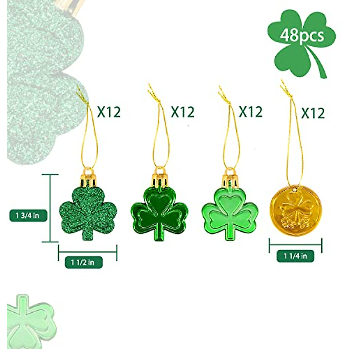 Bunny Chorus 48pcs St Patricks Day Decorations Shamrock Ornaments and Gold Coins for Tree, Good Luck Clover Coins Hanging Decorations for Home School Office Irish Festival Party Supplies, 4 Style