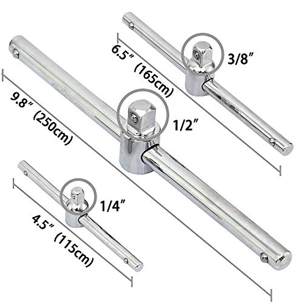 PANMAX 6 Pieces Extension Bar Set, 1/4", 3/8" and 1/2" Drive Socket Extension Sliding Bar T-handle Wrench, Premium Chrome Vanadium Steel with Electroplating treatment For Ratchet Driver & Car Repair