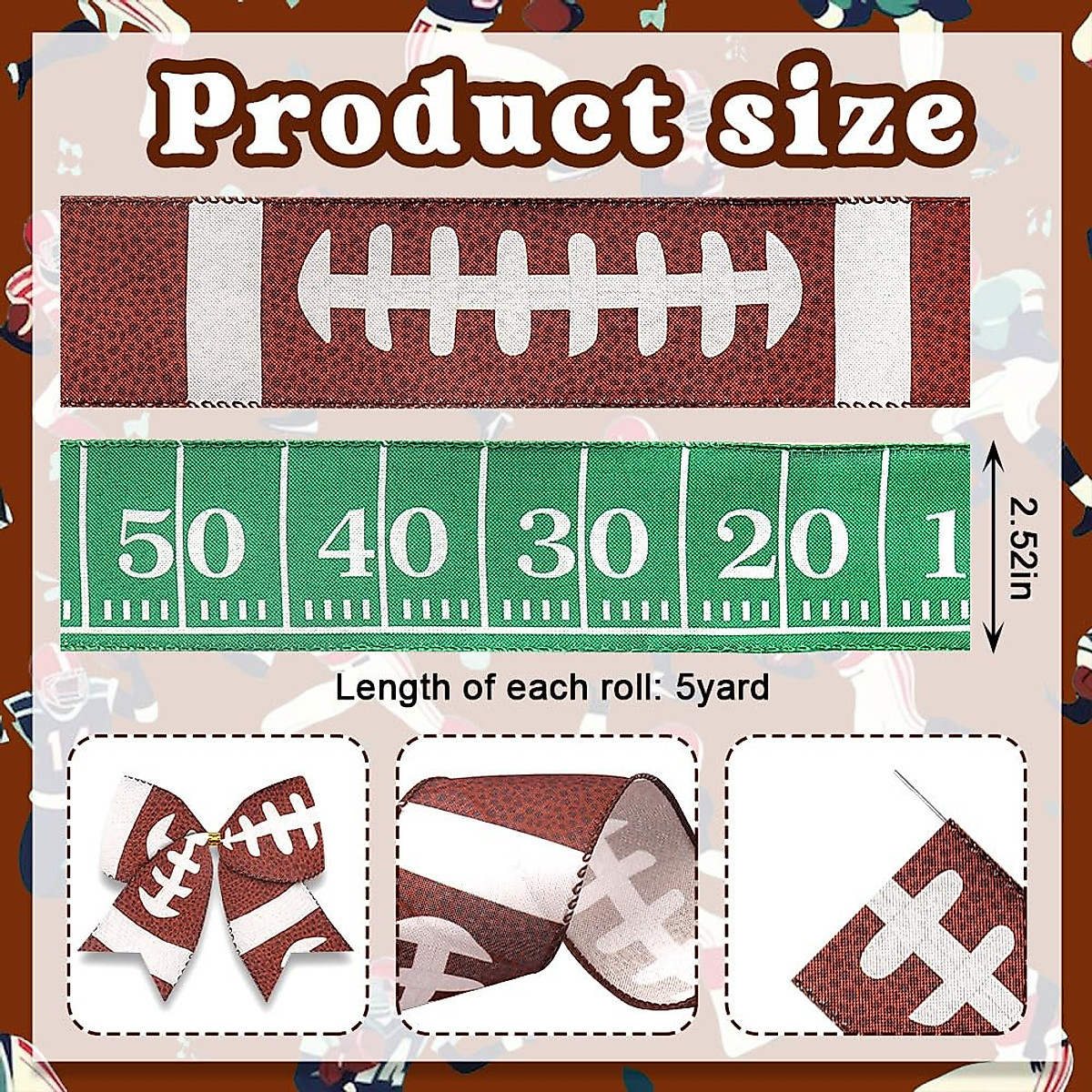 Estivaux 2 Rolls Football Ribbons for Crafting, Football Wired Edge Ribbon Green Brown Burlap Ribbon Bow Sports Rolls Ball Wired Ribbons for Gift Wrapping Sports Ball Game Sewing DIY Crafts Supplies