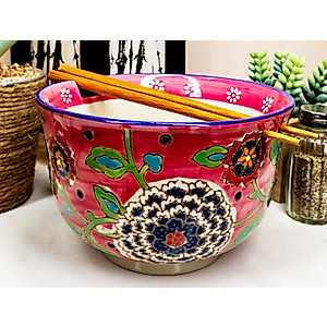 Ebros Mandala Floral Blooms With Pink Polkadot Art Splash Ramen Udon Noodles Large 6.25" Diameter Soup Bowl With Built In Rest and Bamboo Chopsticks Set for Rice Pasta Salad