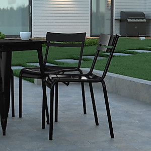 EMMA + OLIVER Rennes Armless Stacking Dining Chair - Indoor/Outdoor 2-Slat Chair with Powder Coated Frame - Black