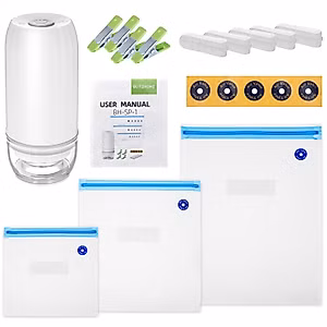 BLITZHOME Vacuum Sealer Bags for Food 3 Sizes, 30 Pack Kit with Vacuum Pump, 15Pcs Reusable Sous Vide Bags, 5 Air Valves, 5 Sealing Clips, 4 Clips for Sous Vide Cooking/Food Storage, BPA Free…