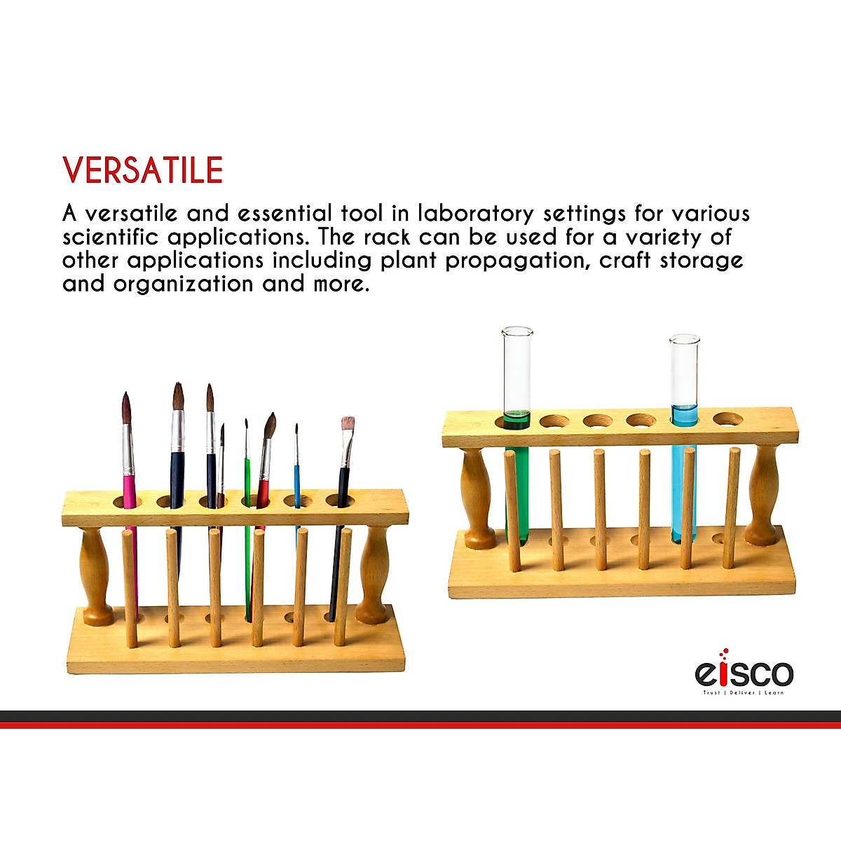 EISCO Premium Test Tube Rack, (6) 25mm Holes and (6) Pins - Solid Wood - 9.4" Long, 3.75" Tall