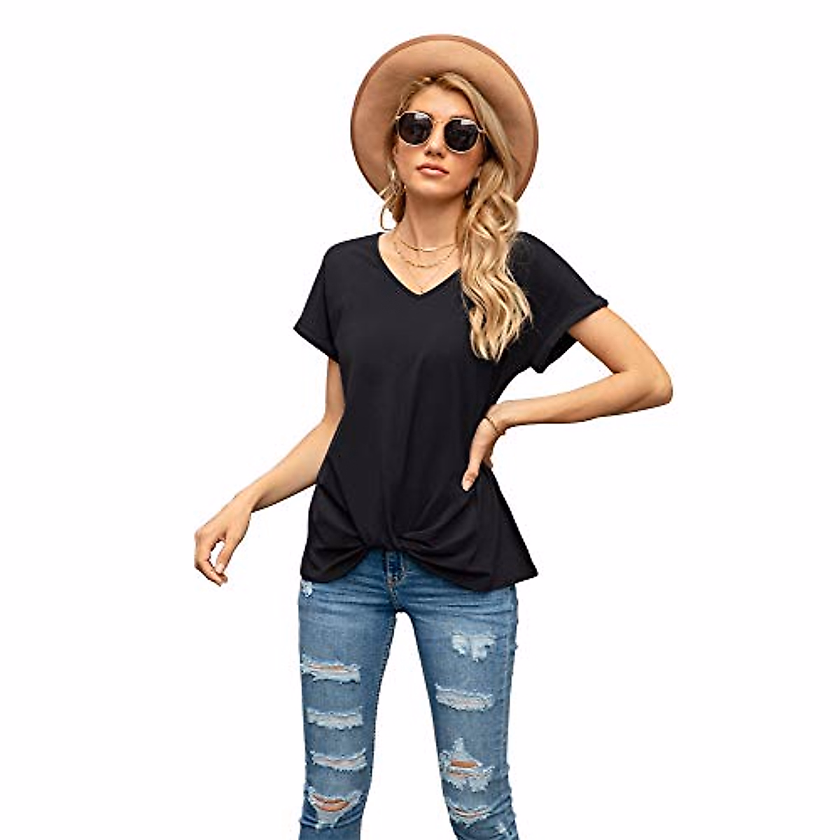 Iandroiy Women's V Neck Short Sleeve Casual Tops Twist Knot Blouse T Shirts (X-Large, Black)
