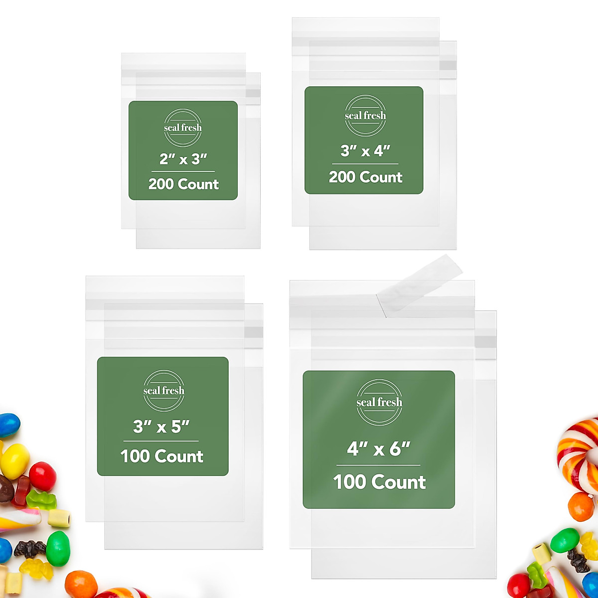 Seal Fresh Cello Bags – Bundle S Variety Pack – 4 Assorted Combo Sizes (600 Count) – 2x3 Inches (200), 3x4 Inches (200), 3x5 Inches (100), 4x6 Inches (100) – Clear Plastic Resealable Self-Adhesive Sealing Reclosable Cellophane Baggies – For Snacks, Cookie