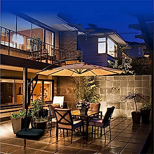 ZJDU Solar Patio Umbrellas,Solar LED Offset Patio Umbrella,Led Lighted Outdoor Table Market Umbrella, with Push Button Tilt/Crank,8 Ribs, for Garden, Lawn, Deck, Backyard & Pool,Brown,2.7m