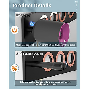 Magnetic Wall Mount Hair Dryer Holder for Dyson Supersonic with 5 Magnetic Rings for The Attachments, Premium Blow Dryer Holder Wall Mounted, Ultimate Convenience (Model A - Black)