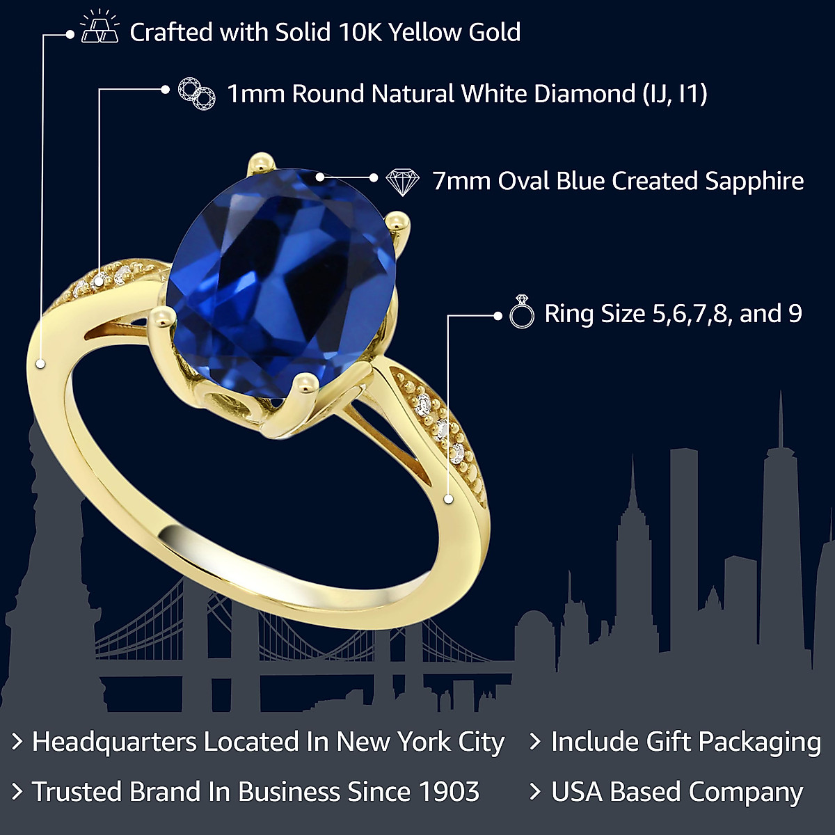 Gem Stone King 14K Yellow Gold 10X8MM Oval Gemstone Birthstone and White Diamond Engagement Ring | Wedding Anniversary Promise Gold Ring For Women | Size 5,6,7,8,9