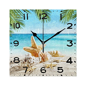 Naanle 3D Tropical Seashells Starfish on Summer Beach Sand Silent Square Wall Clock, 8 Inch Battery Operated Quartz Analog Quiet Desk Clock for Home,Office,School