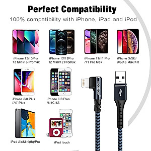 VODBOV iPhone Charger Lightning Cord 3Pack 1FT 3FT 6FT Right Angle MFi Certified Cable Braided USB Charging Wire High Speed Black