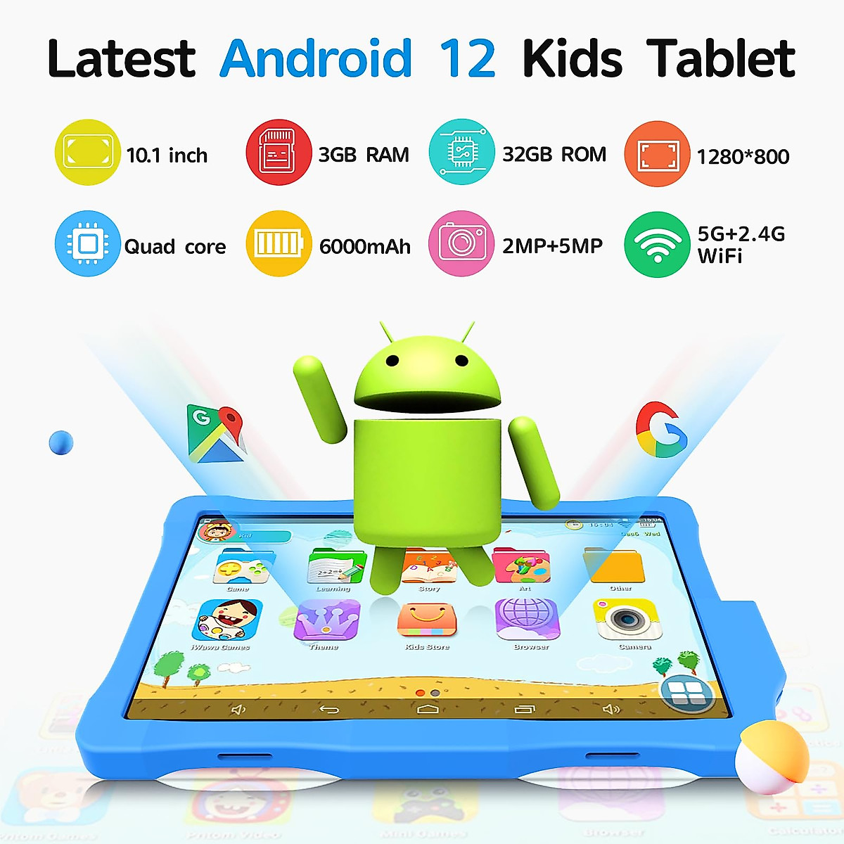 10.1 Inch Kids Tablet with Eye Protection,Android 12 Tablet for Kids,1280x800 HD IPS,3GB+32GB,6000mAh Dual Camera WiFi Bluetooth Tablet,Children Tablet with Shock-Proof Case YouTube Netflix(Blue)