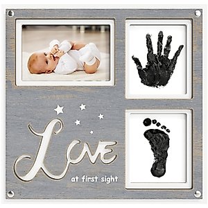 1Dino Premium Baby Handprint and Footprint Kit - 12.6” x 12.2" White/Grey Wood Baby Picture Frame - Includes 2X Clean Touch Ink Pad for Baby Hand and Footprints - Baby Registry, Baby Shower Gifts