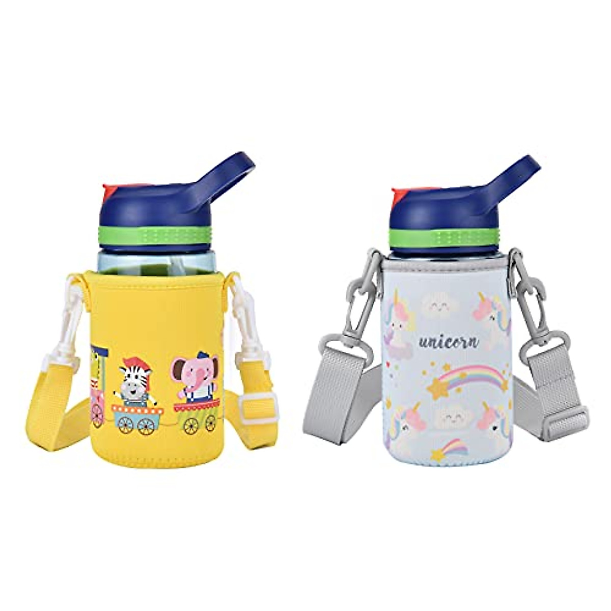 2Pack-Children's Water Bottle Carrier, Protect and insulate your water bottle, With adjustable straps, Suitable for most children's water bottles - Unicorn + Animal