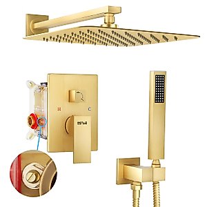 ESNBIA Shower System, Bathroom 12 Inches Rain Shower Head with Handheld Combo Set, Wall Mounted High Pressure Rainfall Dual Shower Head System, Shower Faucet Set with Valve and trim, Brushed Gold