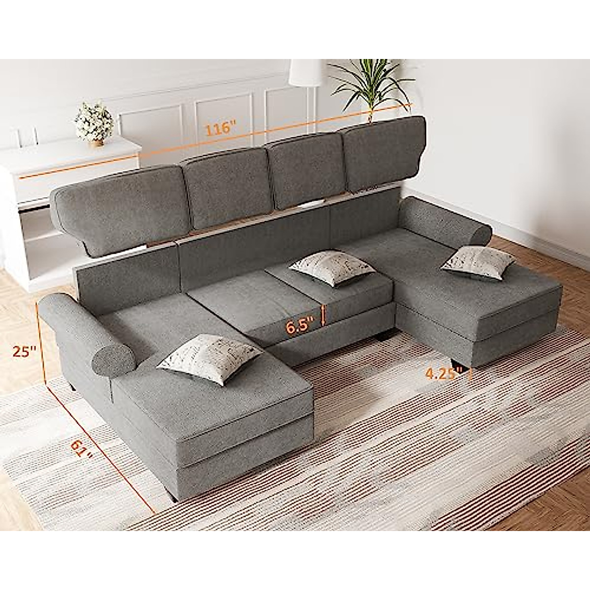 Ucloveria Sofas & Couches, Modern U-Shaped Sectional Sofa with Sleeper Sofa Bed and Double Storage Spaces, 3 Pillows Included, Reversible Chaise for Living Room Furniture Sets, Gray