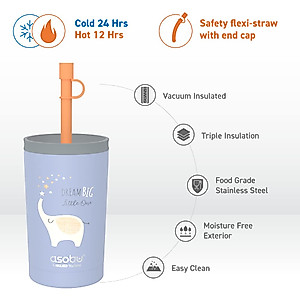 asobu Stainless Steel Kids Tumbler with Flexible Straw Lid | Insulated Water Bottle | Reusable Travel Cup 12 Ounce (Blue)