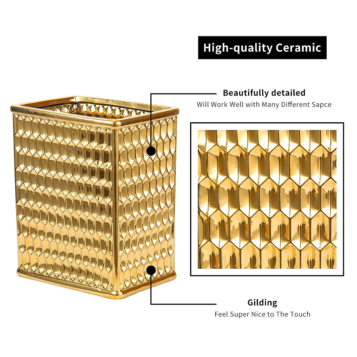 RZCNC Ceramic Gold Square Trash can Waste Basket, Decorative Garbage Can for Bathroom, Bedroom, Home Office, Kitchen, Dorm, College (1.5 Gallon, Small, Open Top)