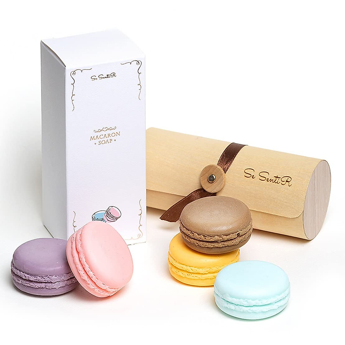 Se Sentir Macaron Soap Gift Set of 5 - Handmade All Natural Soap Bar Gift Set for Women in Wood Case (Lavender, Rose, Citrus, Cappuccino, Santorini Blue) | Stocking Stuffers