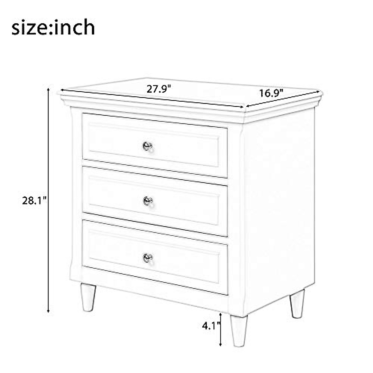 Knocbel 3-Drawer Night Stand, Solid Wood Bedside Nightstand Sofa Side End Table, Fully Assembled, 28.1" H x 27.9" W x 16.9" D (White)