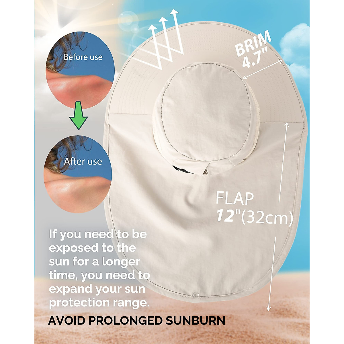 Camptrace Wide Brim UPF 50+ UV Protection Sun Hats Hiking Fishing Gardening Hats with Large Neck Flap for Womens Mens Nylon, Beige