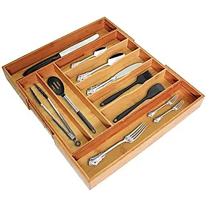 Bamboo Drawer Organizer Kitchen Silverware Utensil tray for Spoons Fork Cutlery Holder Cabinet with Expandable Dividers Adjustable Trays Wooden Flatware Storage Accessories Made with 100% Bamboo
