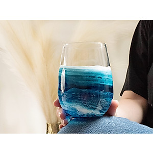 Schafer Art Studio - Handmade Beach Themed Wine Glass, Stemless White Wine 17 ounce, Painted Resin Large Wine Glass