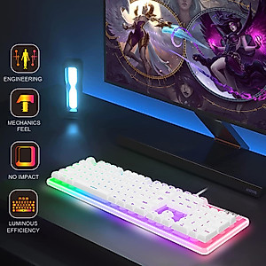 K10 RGB Gaming Keyboard,Transparent Case RGB Backlit Keyboard with PBT Keycap,Ergonomic Wired White Keyboard with Mechanical Feel 104 Key keyboard with Scroll Wheel for PC PS4 Xbox Mac Gaming Office