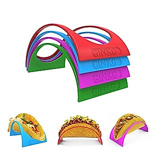 GINKGO Taco Holder Stand up Set of 12, 4 Colorful Plastic Taco Shell Holder Plate Protector Food Holder, Microwave Safe Stands for Soft and Hard Shells