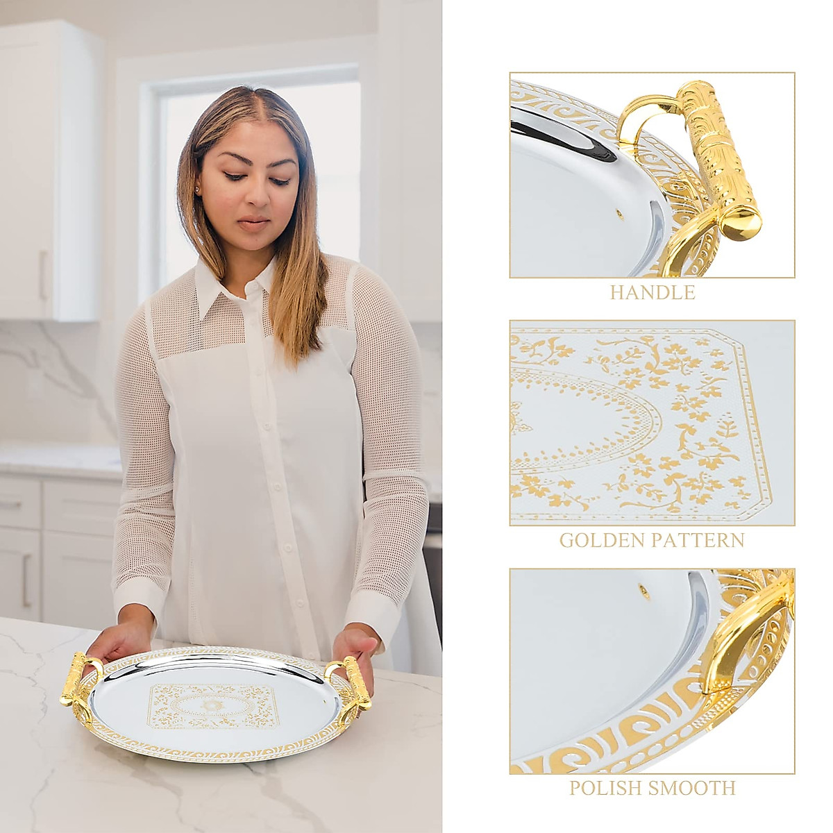 SHERCHPRY Stainless Steel Tea Tray, Tea Serving Platter,Serving Platter with Handles, European Serving Tray for Food Fruit Coffee Tea