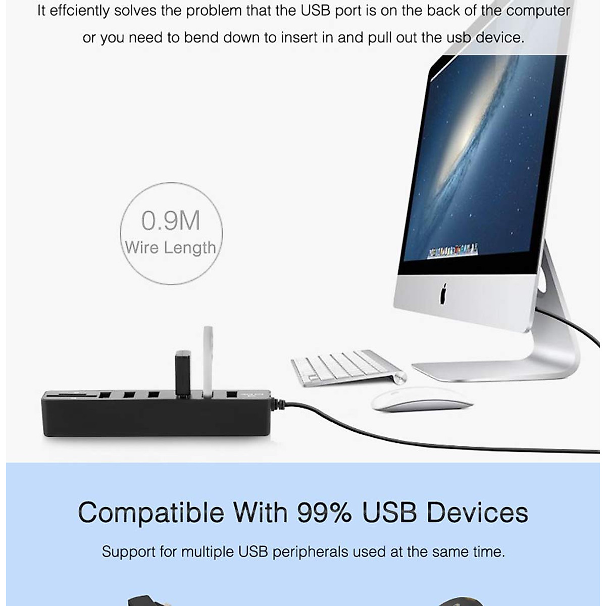 Fansipro 5V USB Hub 2.0-multiplexer High-Speed 6-Port for TF/SD Card Adapter, Black