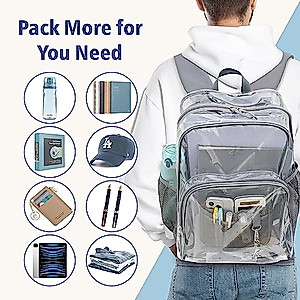 F-color Clear Backpack Heavy Duty - Large Clear Backpacks for School PVC Transparent Clear Bookbag for Work, Security, Stadium, Travel, Women, Men, Grey
