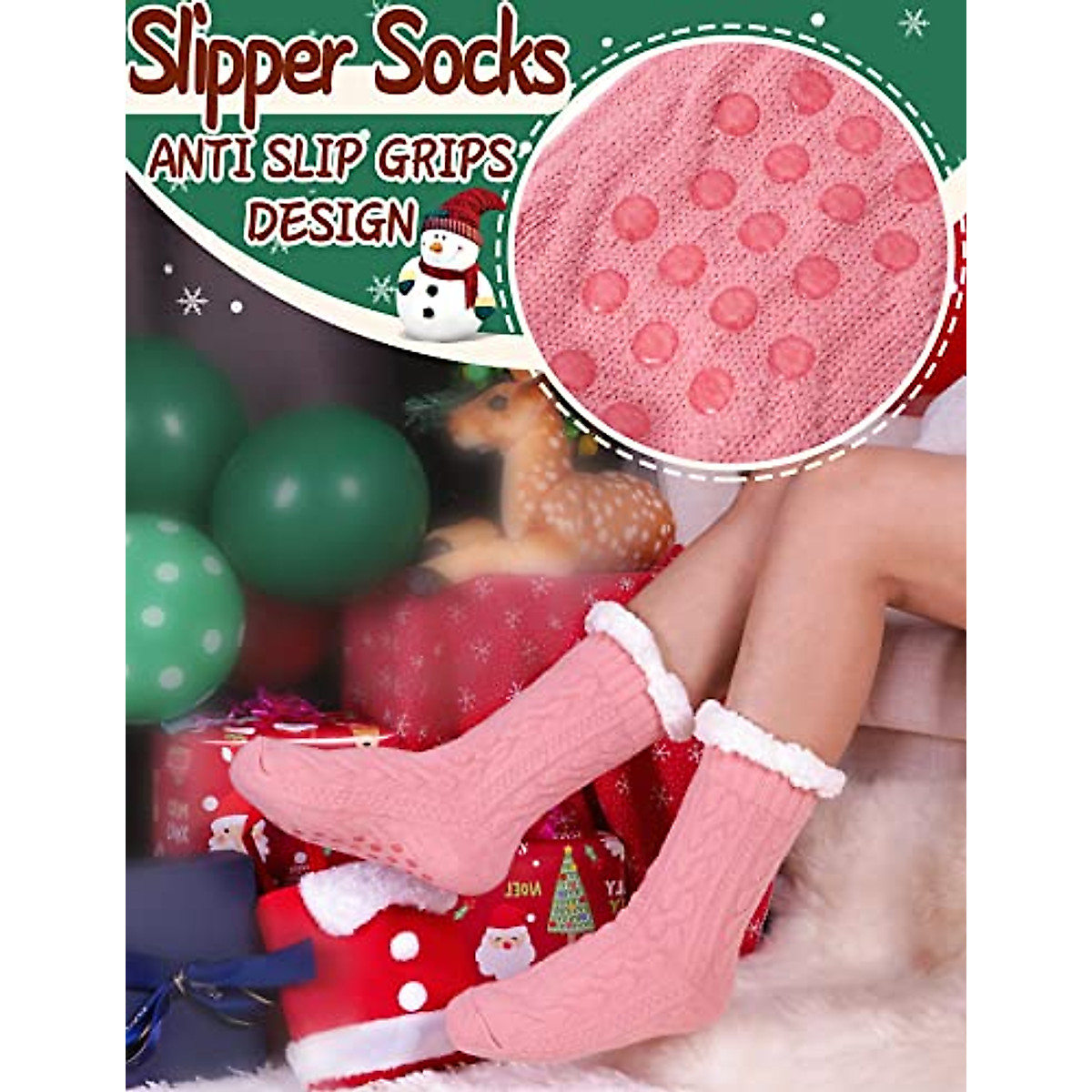 EBMORE Women Slipper Fuzzy Socks Fluffy Cozy Cabin Warm Winter Soft Thick Comfy Fleece Christmas Anti Slip Home Stocking Stuffer(Pink)