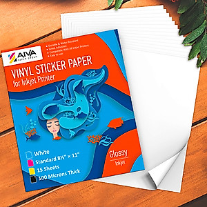 Printable Vinyl Sticker Paper for Inkjet Printer - Glossy White - 15 Self-Adhesive Sheets - Waterproof Decal Paper - Standard Letter Size 8.5"x11"