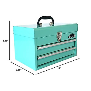 Apollo Tools 14 Inch Steel Tool Box with Deep Top Compartment and 2 Drawers in Heavy-Duty Steel With Ball Bearing Opening and Powder Coated Finish - Aqua Green - DT5010-GR