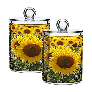 ALAZA Yellow Sunflower Stylish Floral 2 Pack Qtip Holder Dispenser 14 Oz Clear Plastic Apothecary Jar Containers Jars Bathroom for Cotton Swab, Ball, Pads, Floss, Vanity Makeup Organizer