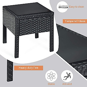 Tangkula 3 Piece Patio Conversation Set, Outdoor Rattan Sofa Set with White Seat Cushions & Coffee Table, Patio Wicker Furniture Set for Garden Balcony Backyard Poolside (Black)