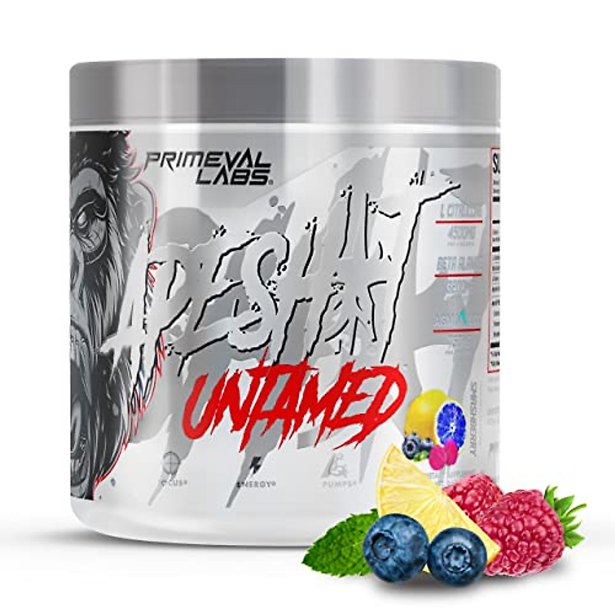 Primeval Labs Ape Untamed Pre Workout Energy Drink Powder, 40 Servings Smashberry | Max Support for Pumps & Focus | Increased Performance | Nitric Oxide Production with L-Citrulline, Beta Alanine