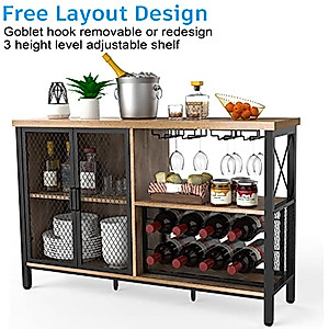Bar Cabinet Industrial Wine Organizer with Wave-Shaped Wine Glass Rack Mesh Door Adjustable Inner Board Multi-Function Floor Liquor Cabinet Bar for Home Farmhouse Living Room