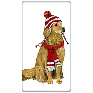 Mary Lake Thompson Flour Sack Dish Towel - Santa Hat Golden Retriever