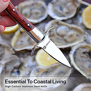 HiCoup Oyster Shucking Knife and Glove Kit - Clam and Oyster Knife Shucker Set with Stainless Steel Seafood Opener Tool, Wood Handle and Gloves﻿