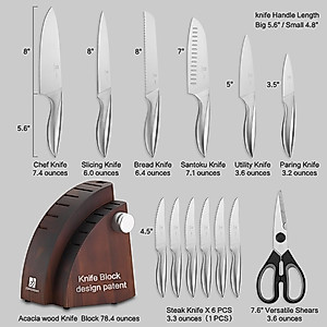 Zongchuan 15-Piece Knife Sets,Ultra-Smooth Cutting Professional Grade Sharp,One-Piece 50Cr15Mov Stainless Steel Kitchen Knife Block Set with Sharpener,Handle Ergonomic Design,Dishwasher Safe