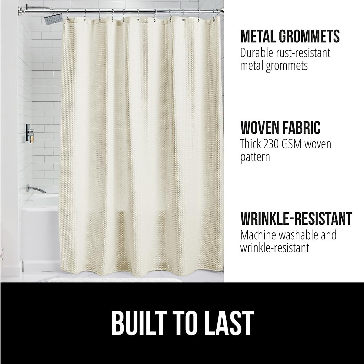 Gorilla Grip Waffle Shower Curtain, Thick Weighted Fabric, Wrinkle and Rust Resistant, Hotel Quality Design, Heavy Duty Long Curtains for Bathroom Showers, Bath Tubs, Machine Wash, 72x72 Ivory Cream