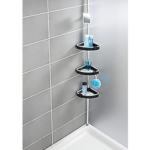 WENKO Tension Corner Shower Caddy 3 Pole and Baskets für Shampoo, Conditioner, Soap with Hooks for Razors, Towels, Blue