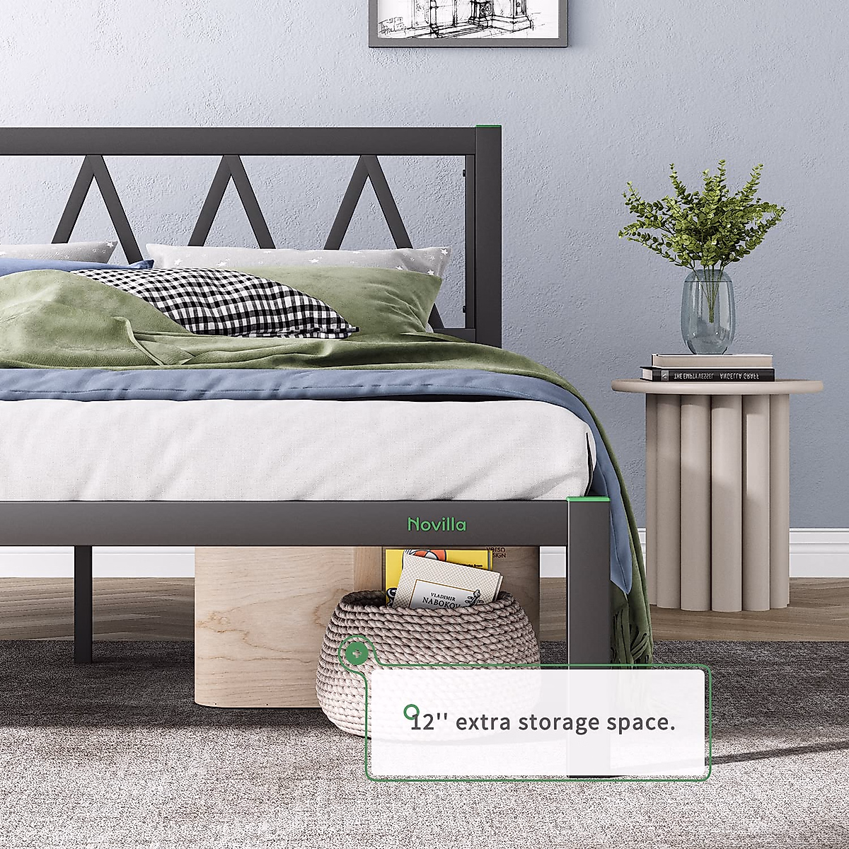 Novilla 14 Inch Queen Bed Frame with Headboard, Platform Bed Frame No Box Spring Needed, Metal Queen Size Bed Frame with Storage Space, Wooden Slats Support, Easy Assembly, Black